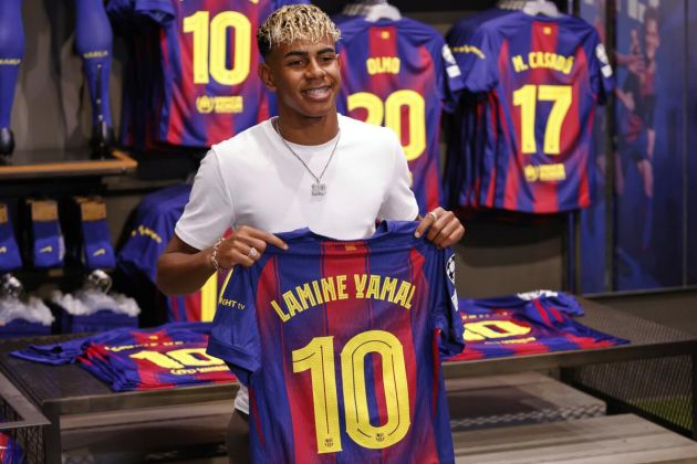 Lamine Yamal reacts to scoring his first goals as Barcelona's number 10