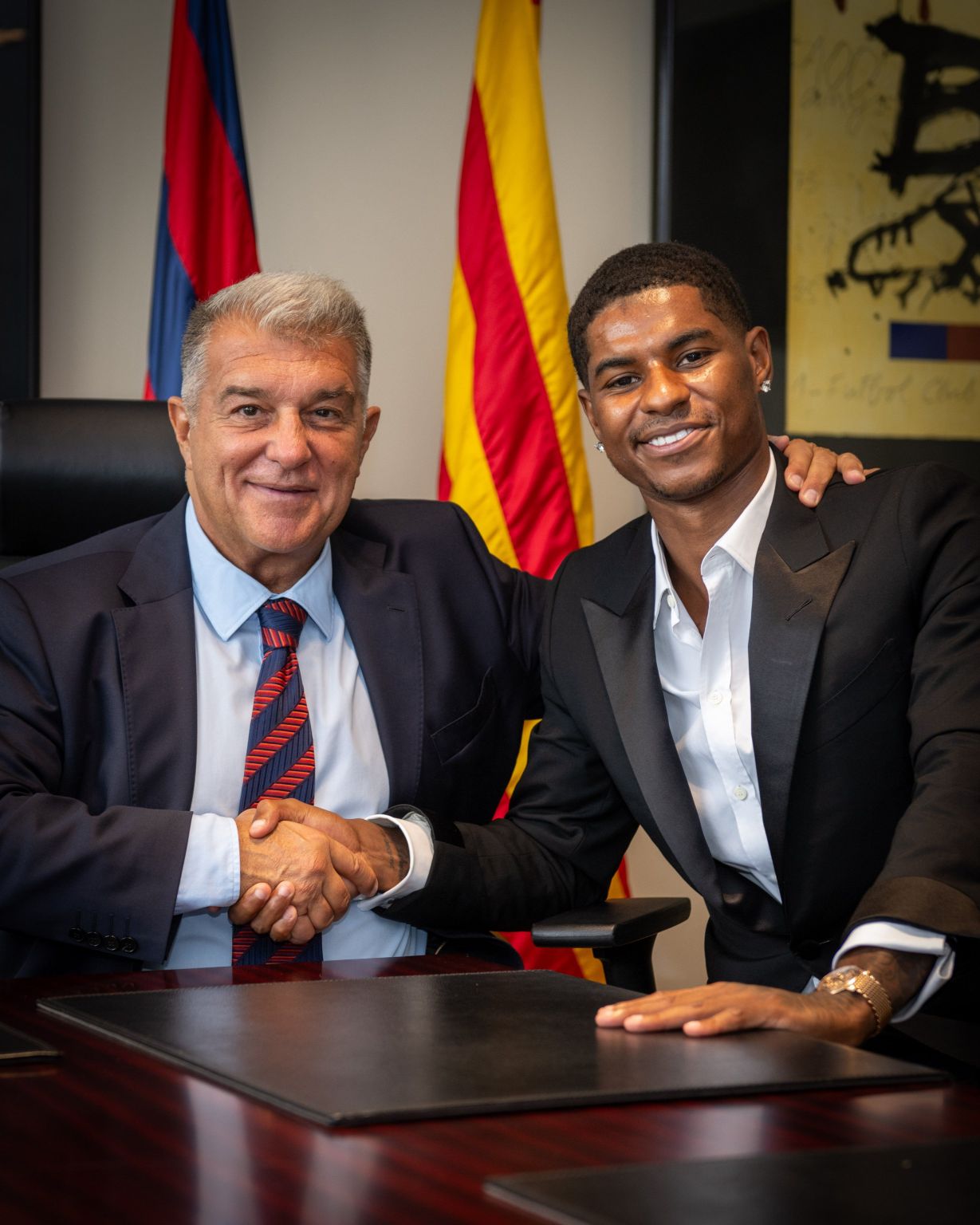 Barcelona president Joan Laporta reacts to Marcus Rashford signing